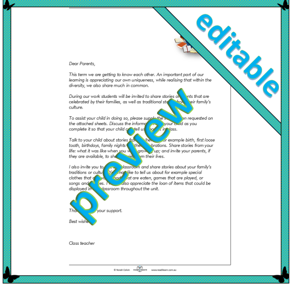 Letter to parents – Family traditions and celebrations – readilearn