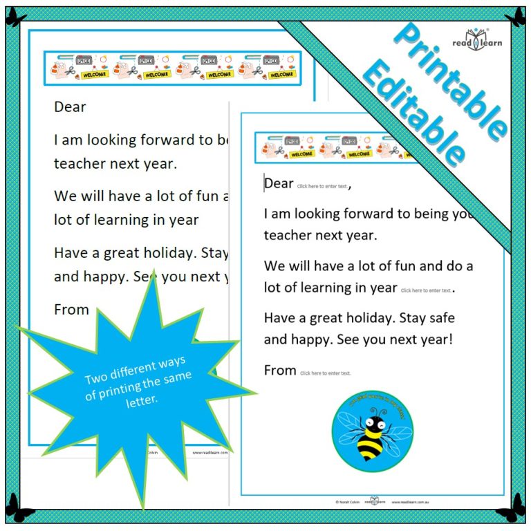 Letters to new children at end of year – readilearn
