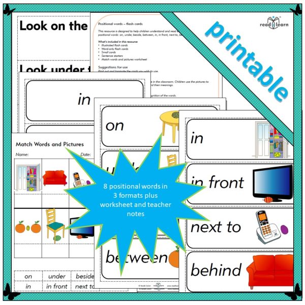 Positional words – flash cards – readilearn