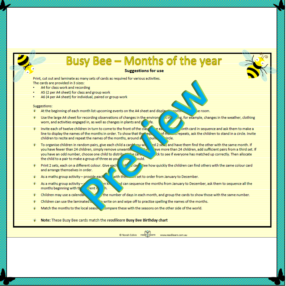 Busy Bee – Months of the year – readilearn